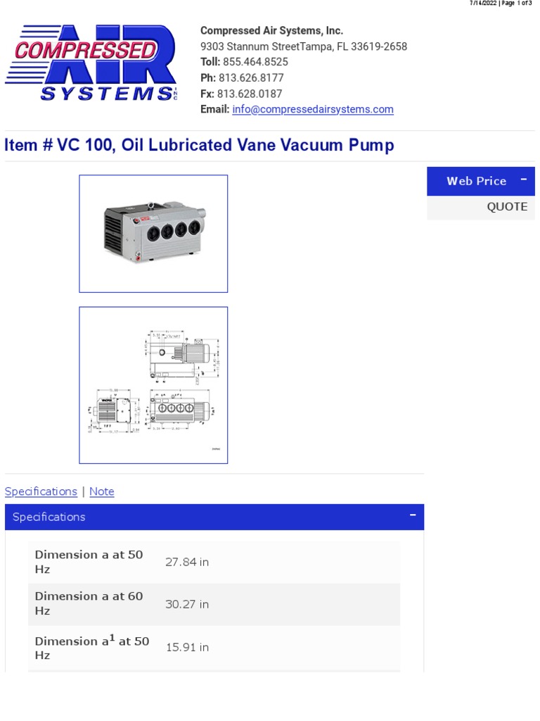 VC 100 Oil Lubricated Vacuum Pump Specs | PDF | Technology & Engineering