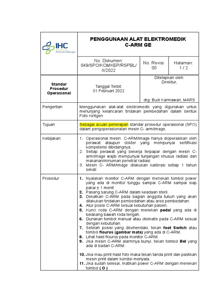 Prosedur Penggunaan C-Arm Elektromedik | PDF
