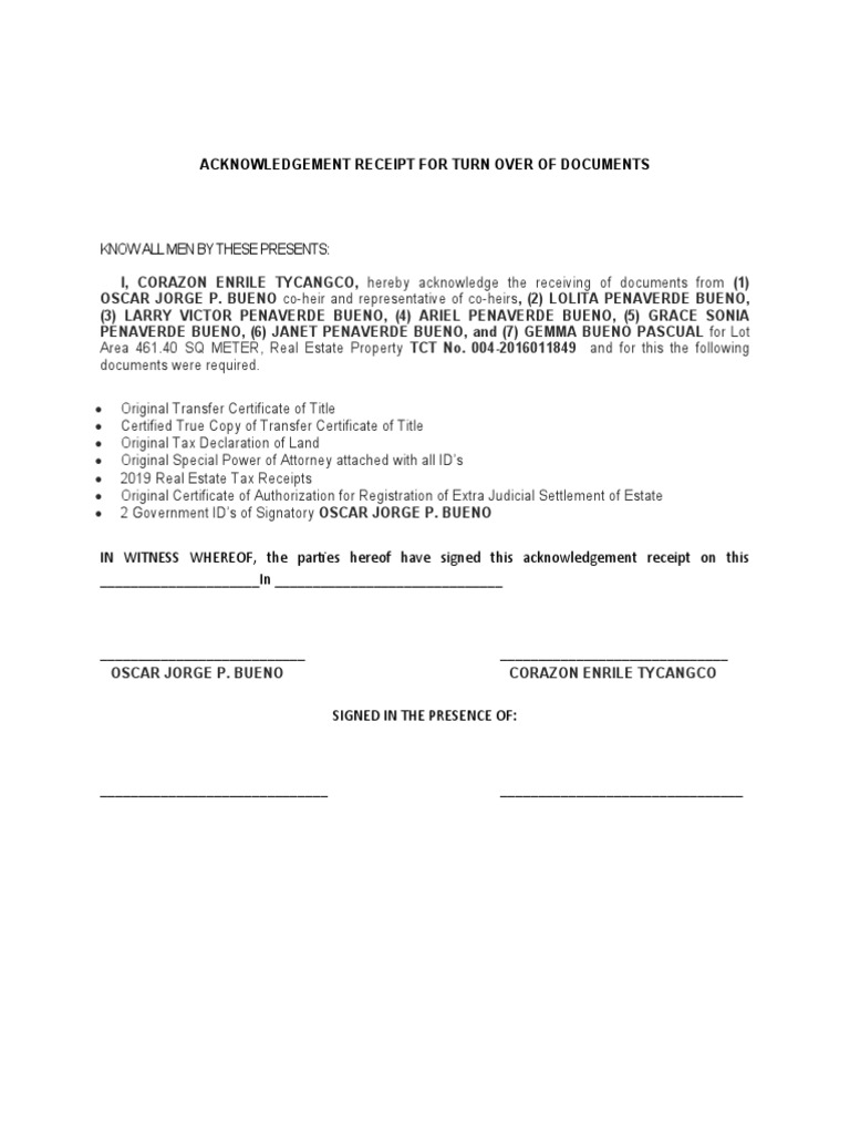 BUENOS ACKNOWLEDGEMENT RECEIPT FOR TURN OVER OF DOCUMENTS | PDF