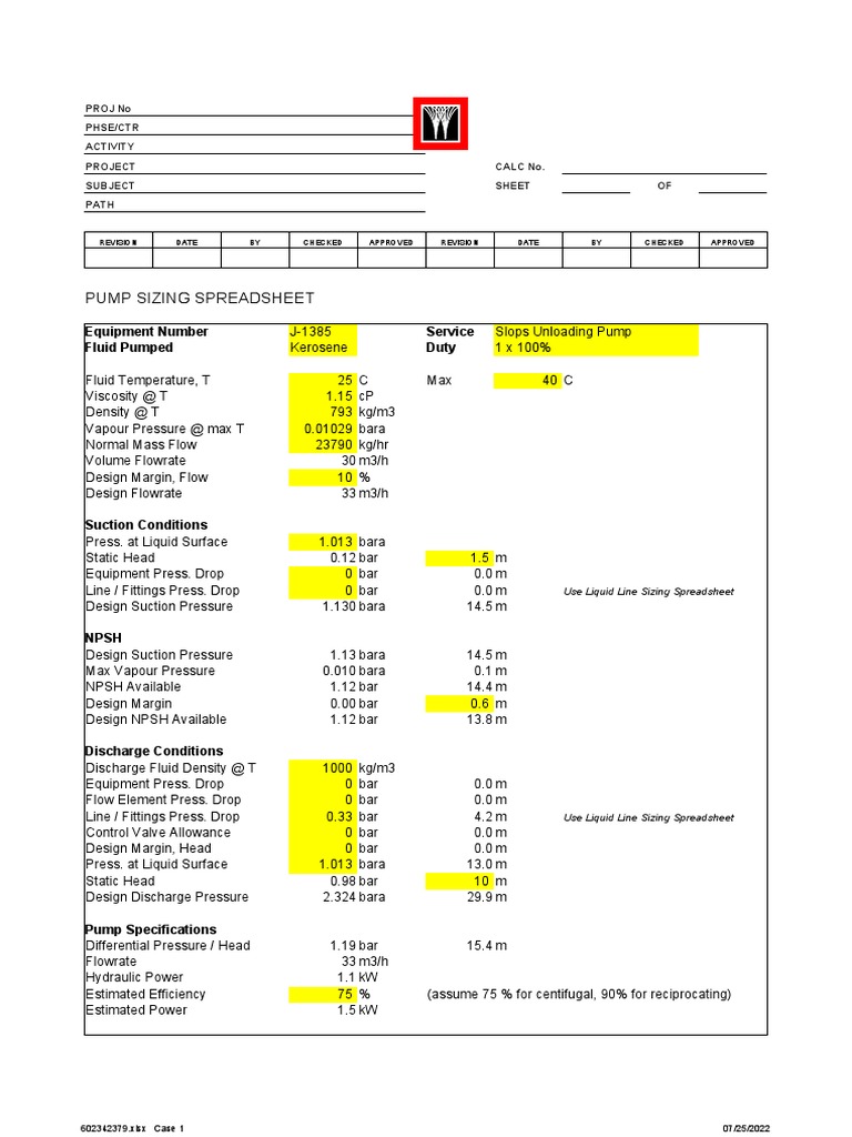 Pump Sizing Calculation Spreadsheet | PDF | Reynolds Number | Pump