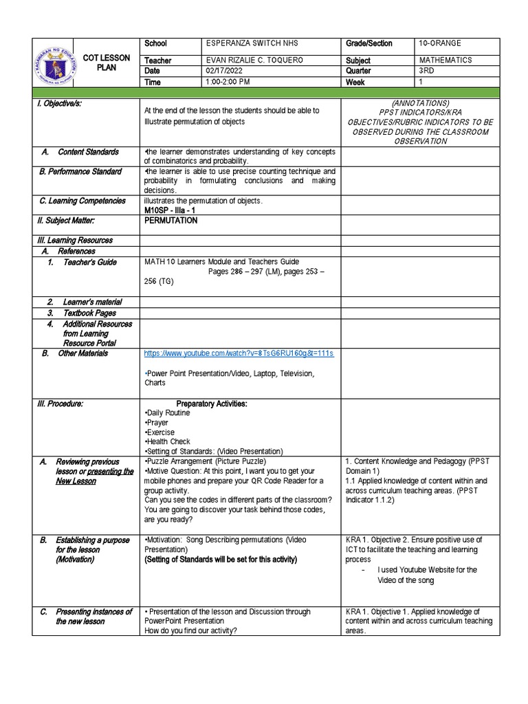 COT 1 Lesson Plan - TOQUERO | PDF | Teaching Method | Learning