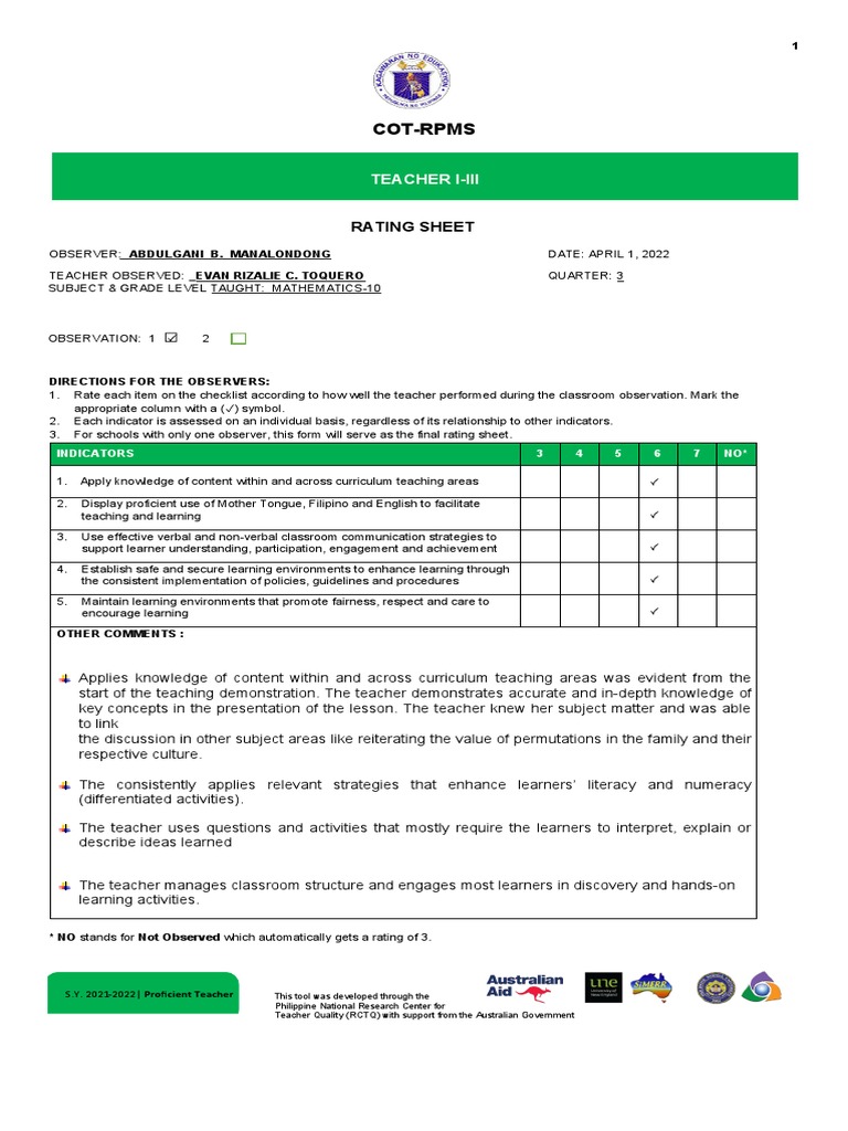 Cot-Rpms: Rating Sheet | PDF | Teaching Method | Teachers