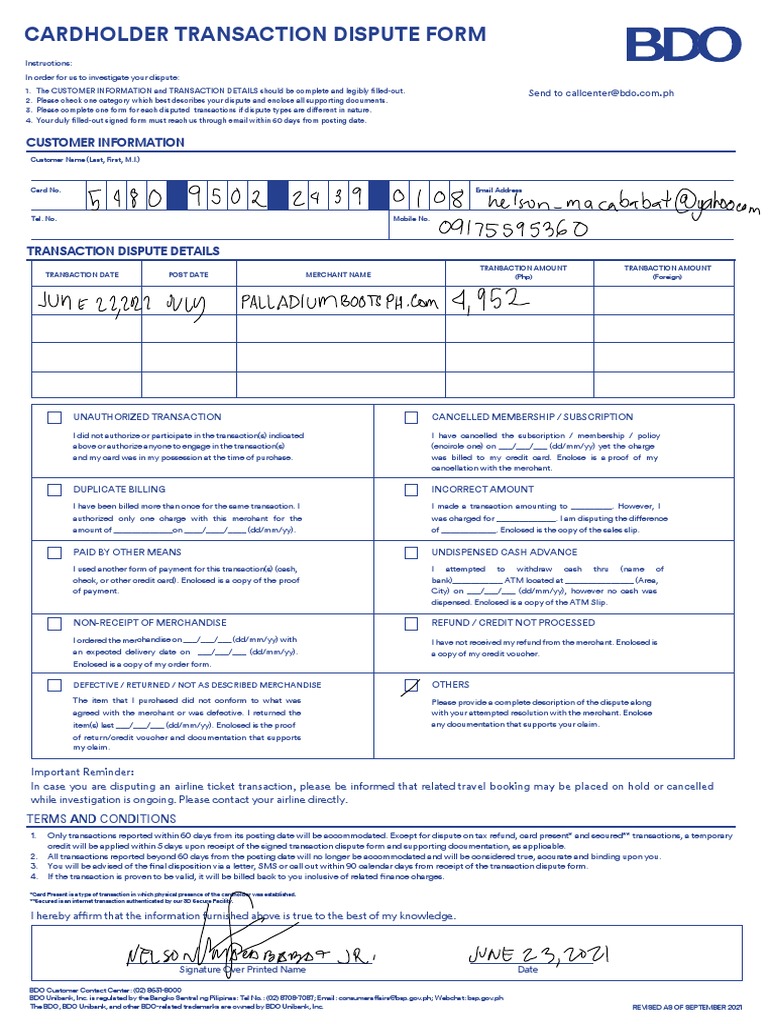Cardholder Transaction Dispute Form: Customer Information | PDF ...
