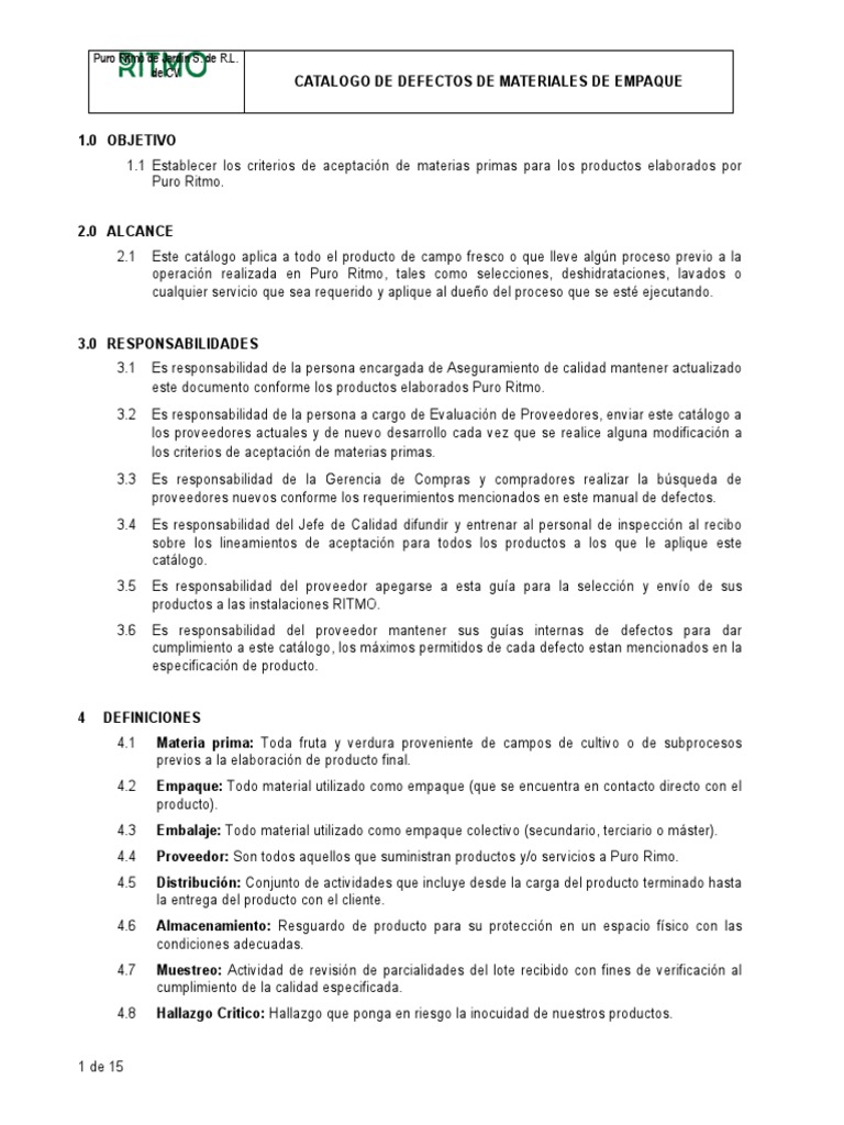 Catalogo de Defecto de Materiales de Empaque | PDF | Agua | Descomposición