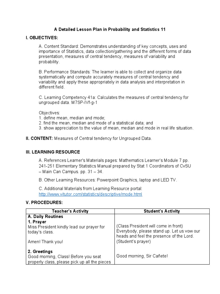 A Detailed Lesson Plan in Probability and Statistics 11 | PDF | Mode ...