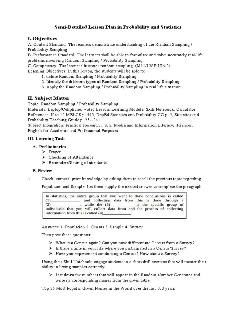 Semi-Detailed Lesson Plan in Probability and Statistics I. Objectives ...