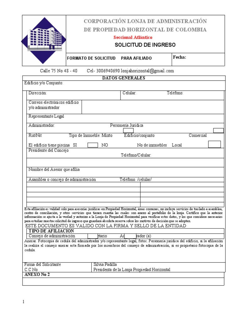 FORMATO - Solicitud de Ingreso - EDIFICIO | PDF