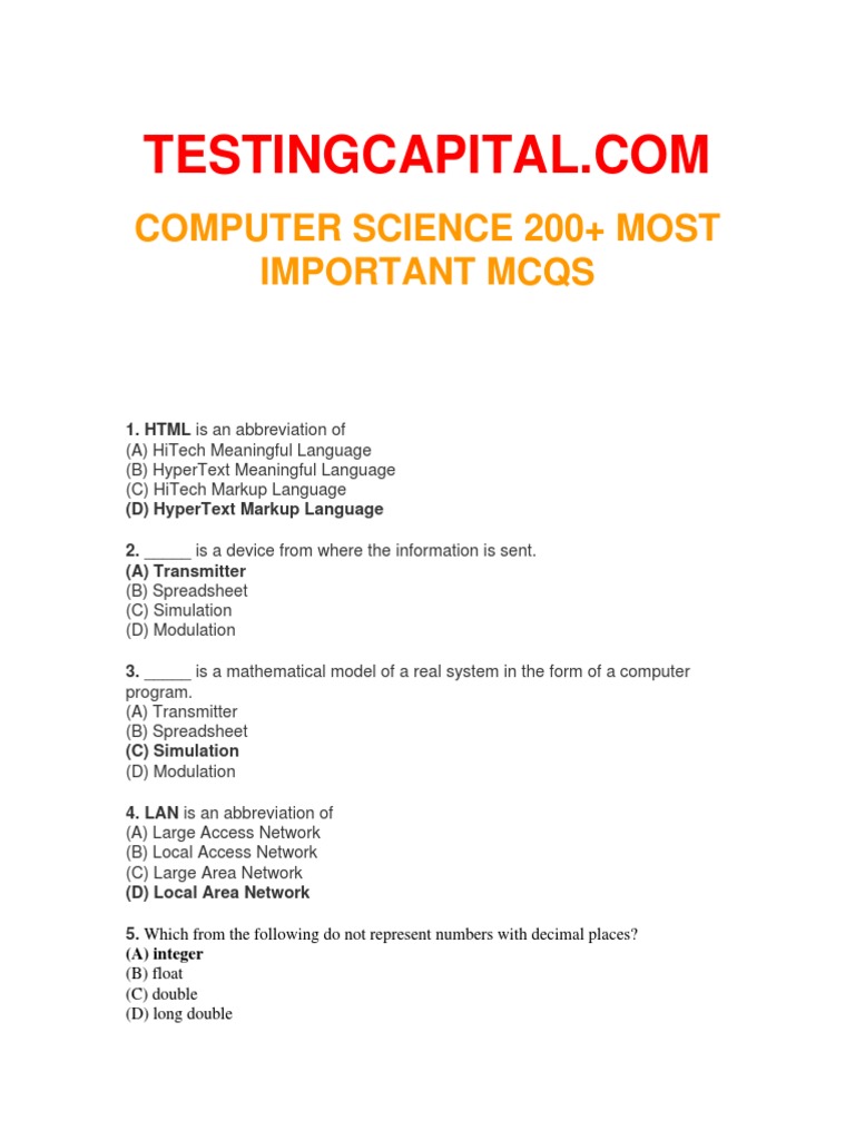 Computer Science Important Mcqs | PDF | Integer (Computer Science) | Computer Network