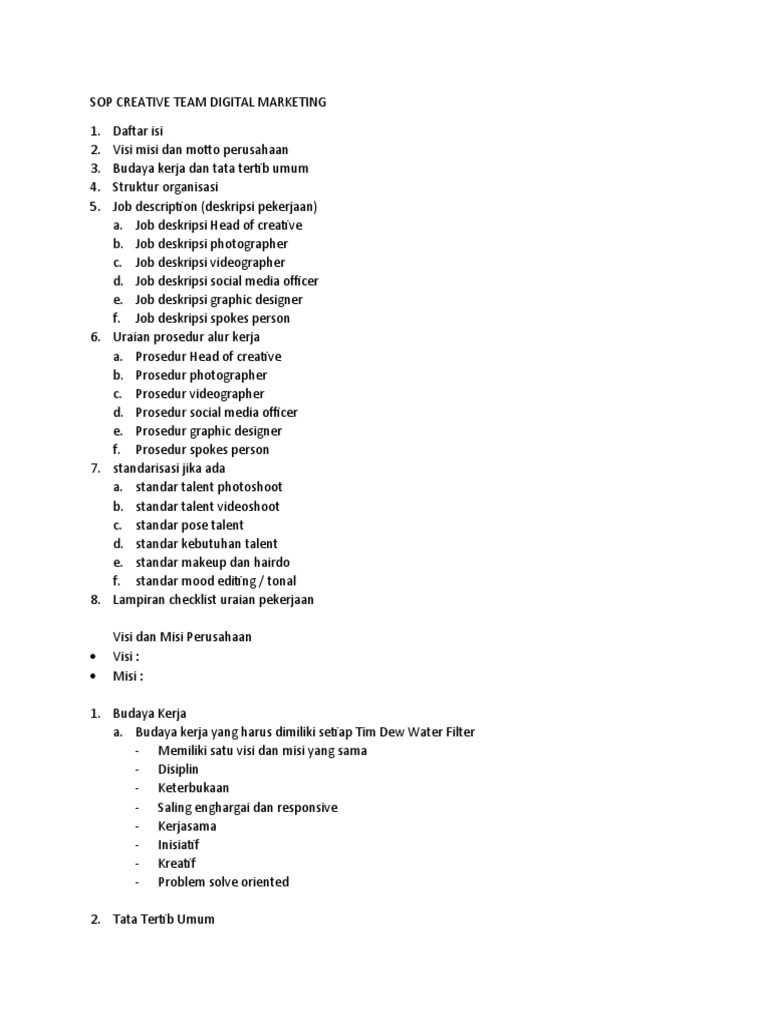 Sop Creative Team Digital Marketing | PDF | Karier & Perkembangan | Seni