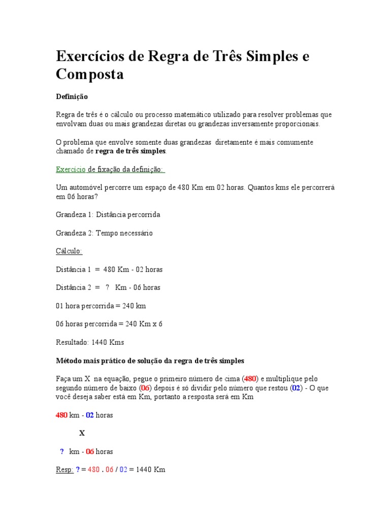 Exercícios de Regra de Três Simples e Composta | PDF | Carro | Cálculo
