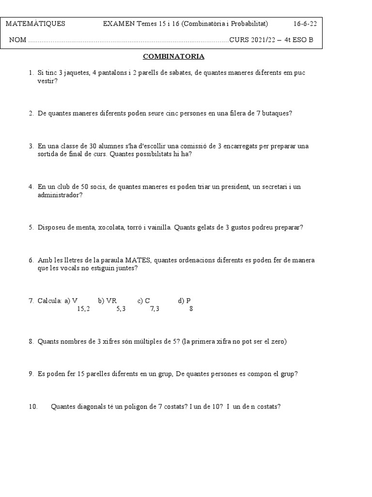 Examen T15 I 16 4t ESO | PDF