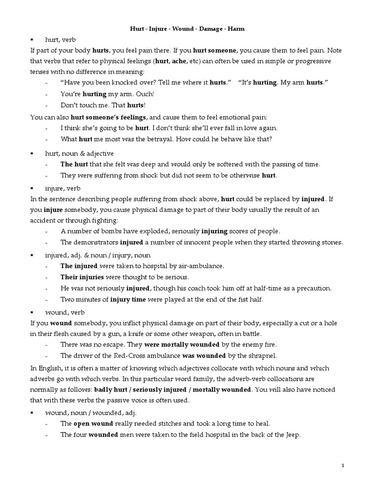 Difference Between Hurt - Injure - Wound - Damage - Harm | PDF | Verb ...