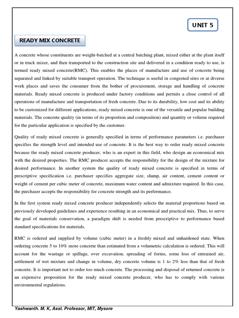 Ready Mix Concrete: Unit 5 | Download Free PDF | Concrete | Pump