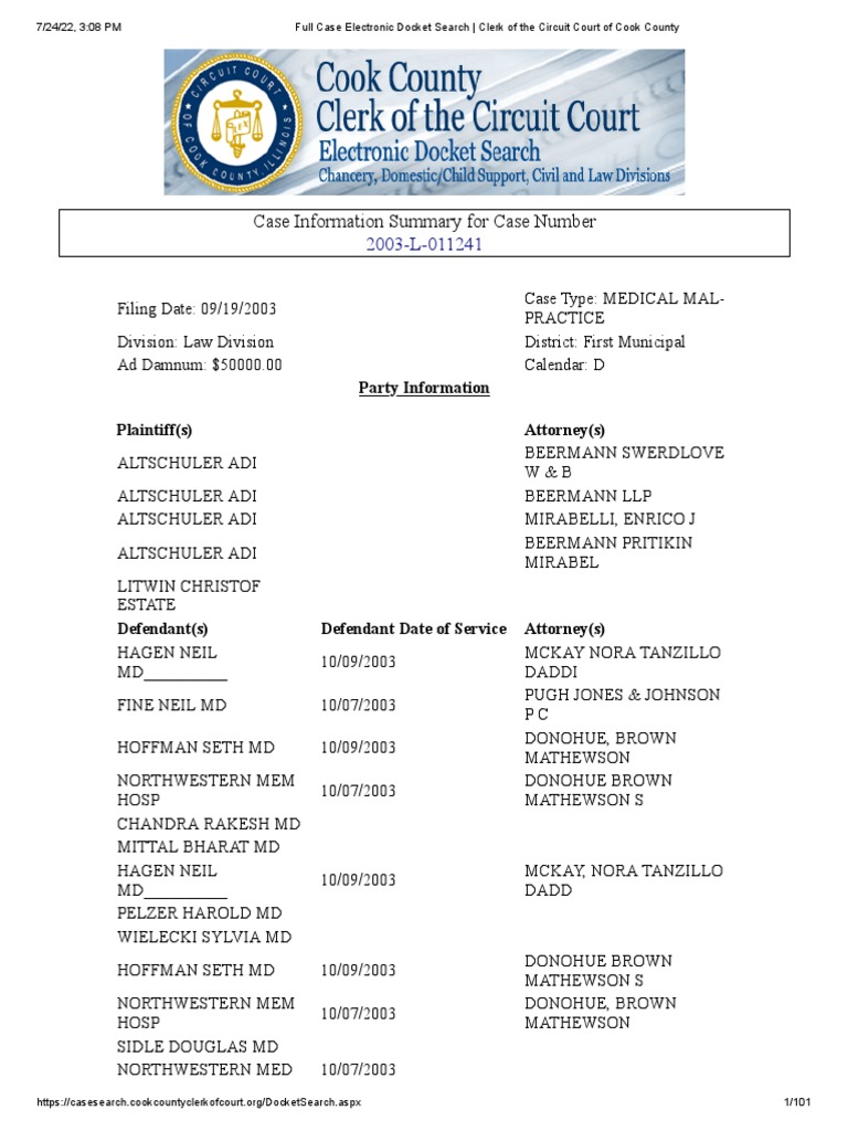 Cook County Medical Malpractice Case Docket | PDF | Wisconsin Circuit ...