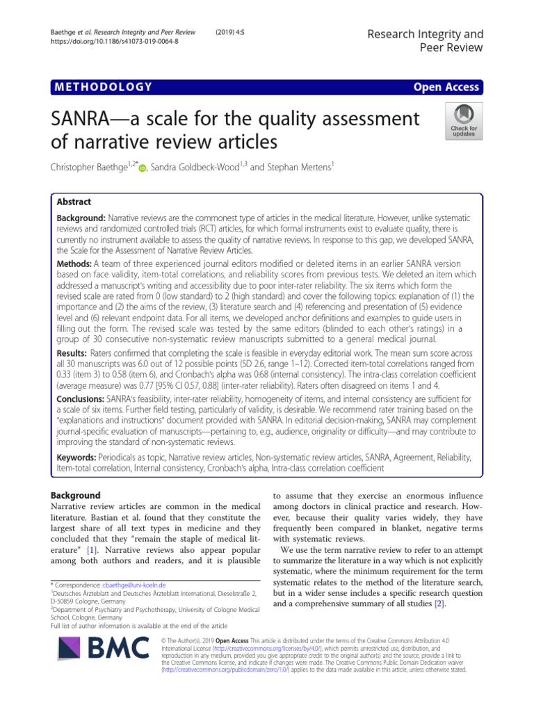 SANRA-a Scale For The Quality Assessment of Narrative Review Articles ...