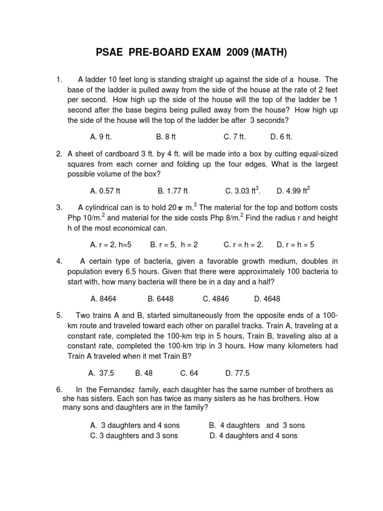 Math (PSAE Pre-Board Exam 2009) | PDF | Area | Angle