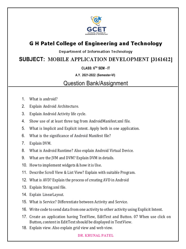 Subject: Mobile Application Development (3161612) : Question Bank ...