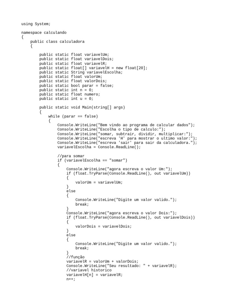 Codigo C# - Calculadora | PDF | Programação de computadores | Ciência ...