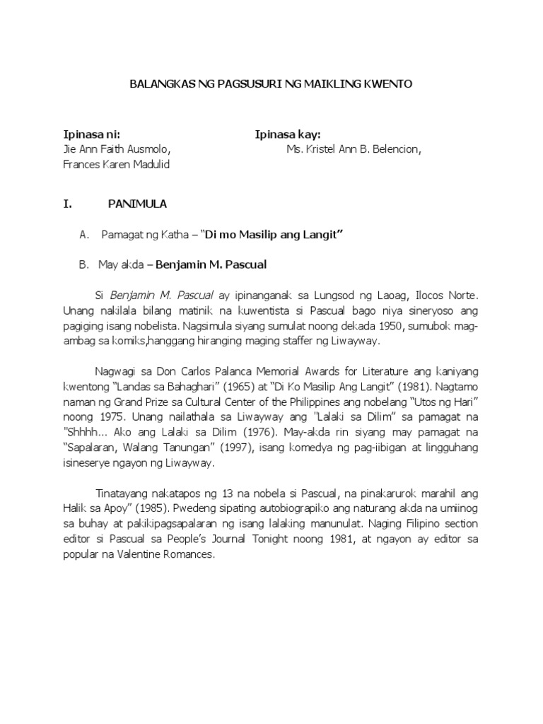 BALANGKAS NG PAGSUSURI NG MAIKLING KWENTO. - Ausmolo & Madulid | PDF