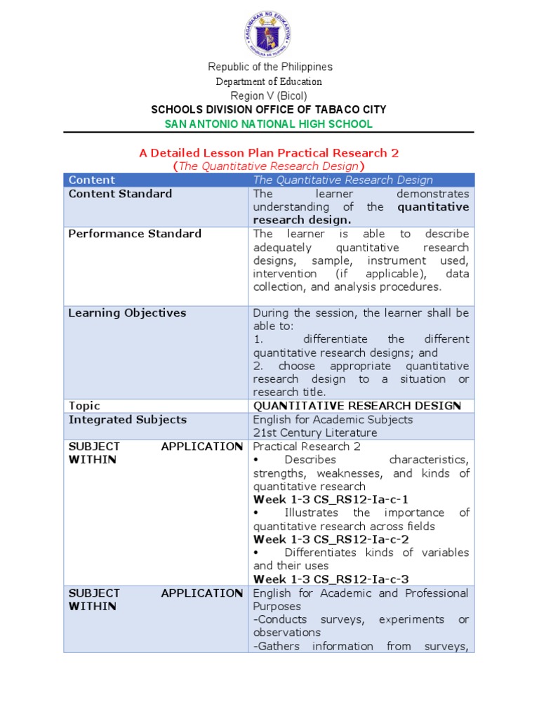 A Detailed Lesson Plan Practical Research 2 | PDF | Quantitative ...
