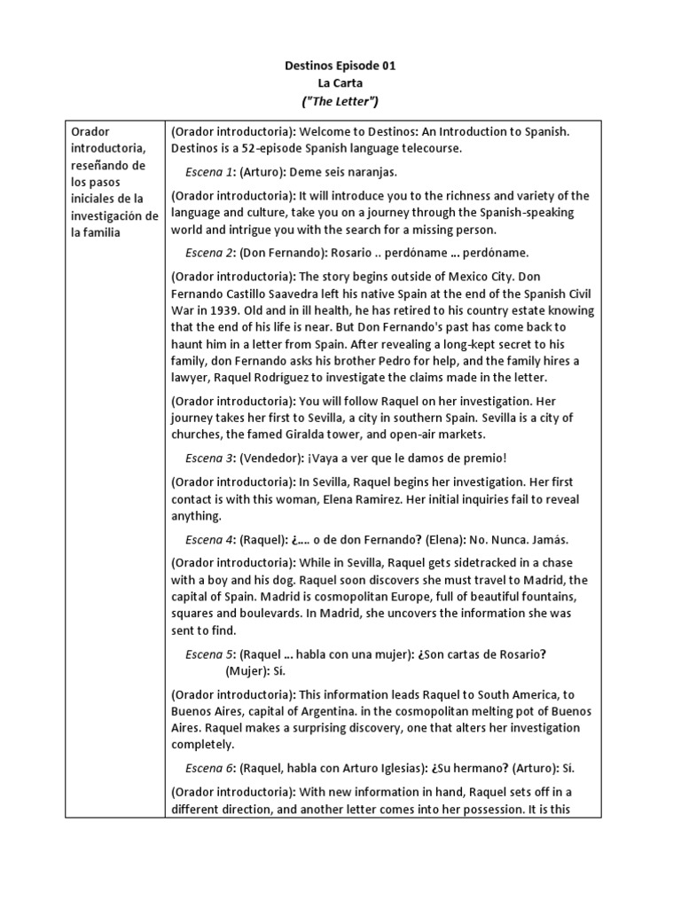 Destinos Episode 1: La Carta Summary | PDF