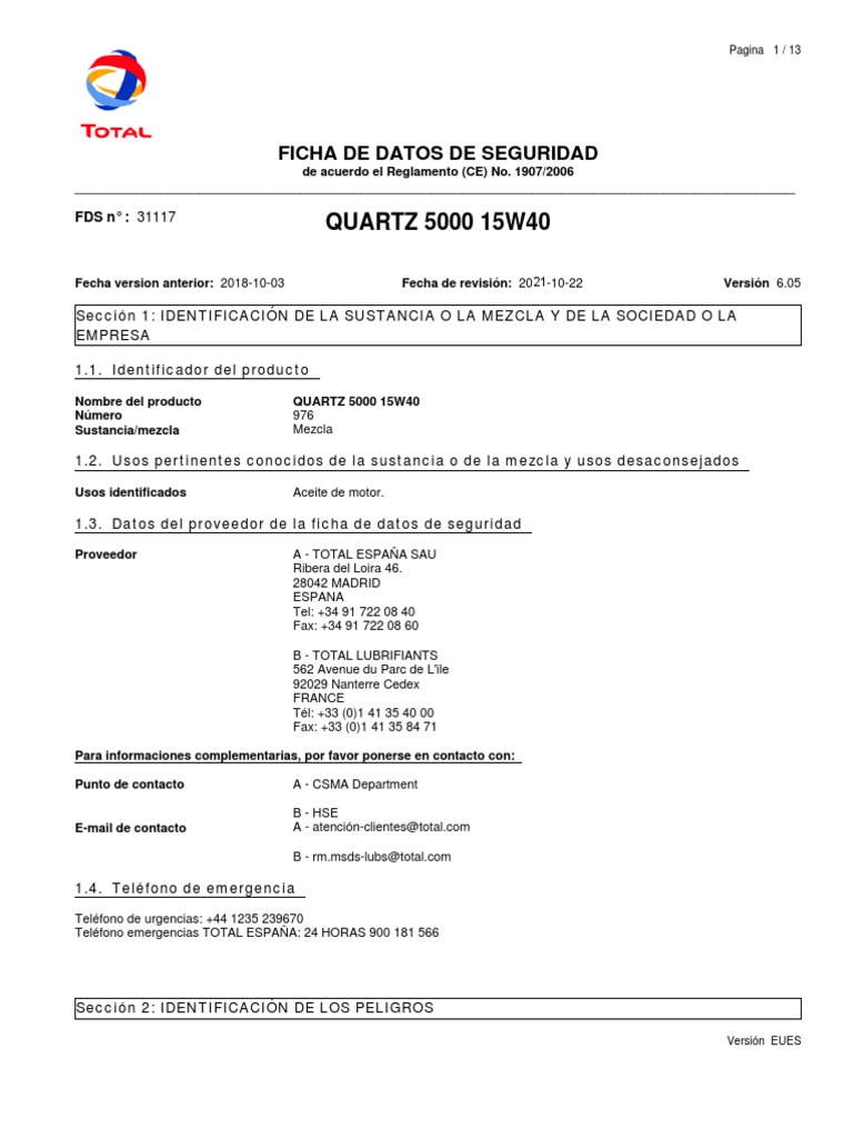 Msds Aceite 15w40 Total | PDF | Residuos | Combustión