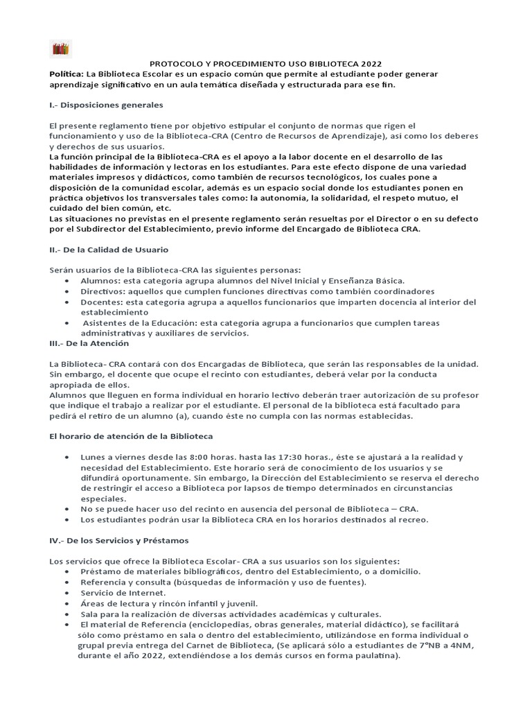 Protocolo y Procedimiento Uso Biblioteca 2022 | PDF | Maestros | Bibliotecas