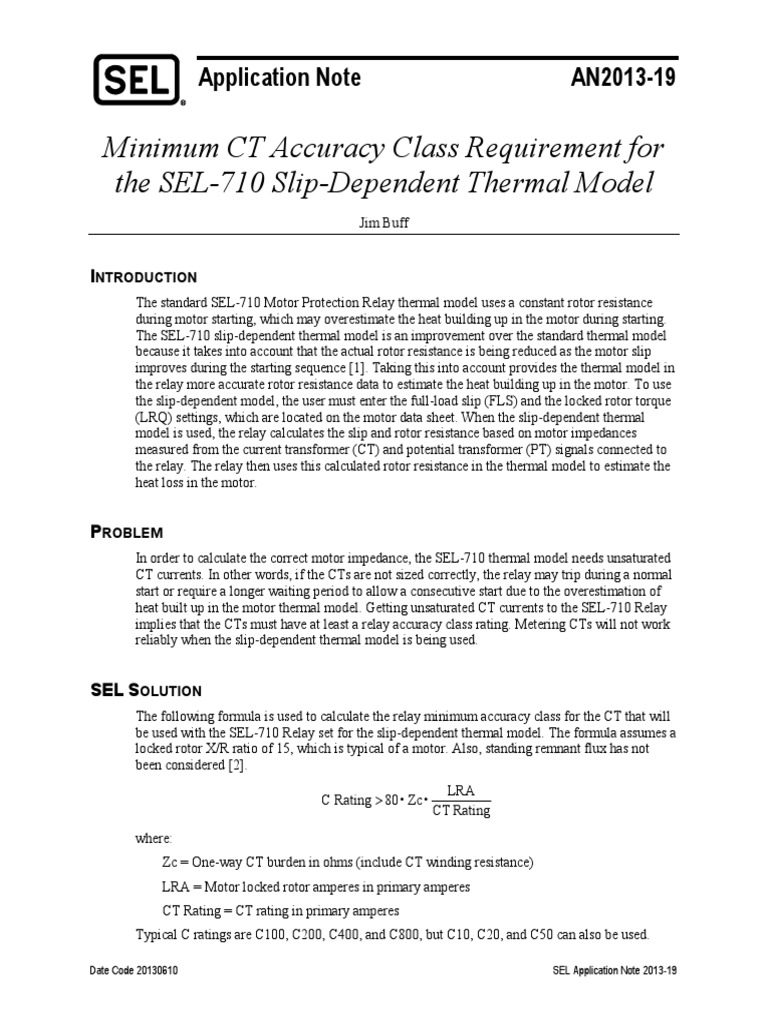 Minimum CT Accuracy Class Requirement For The SEL-710 Slip-Dependent ...