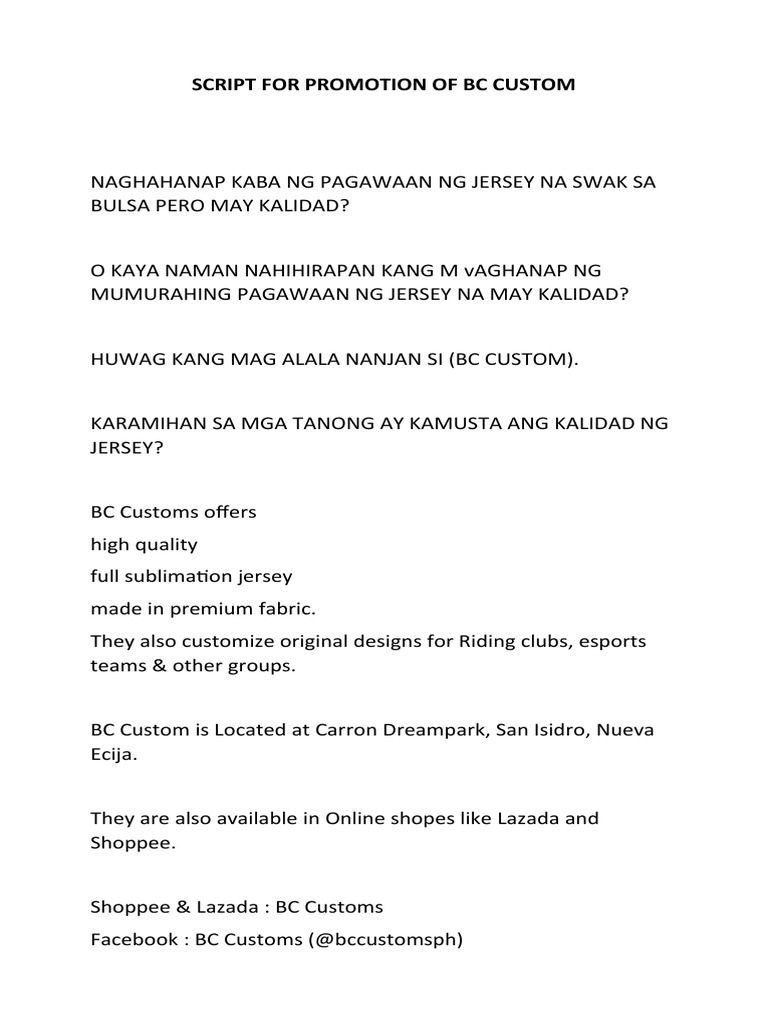 Script For Promotion of BC Custom | PDF