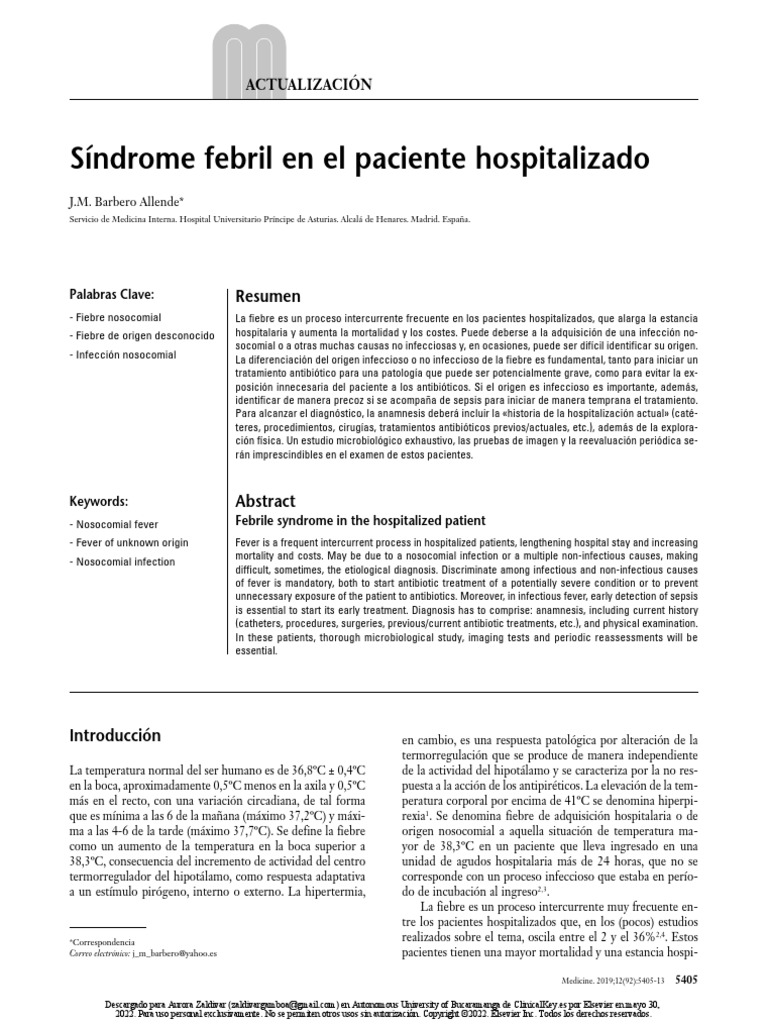 Síndrome Febril en El Paciente Hospitalizado | PDF | Septicemia | Neumonía