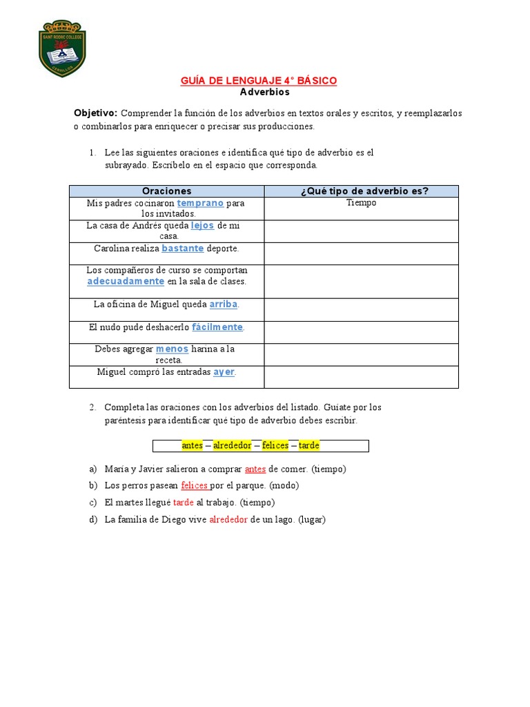 Guía Lenguaje Cuarto Básico Adverbios 1 | PDF
