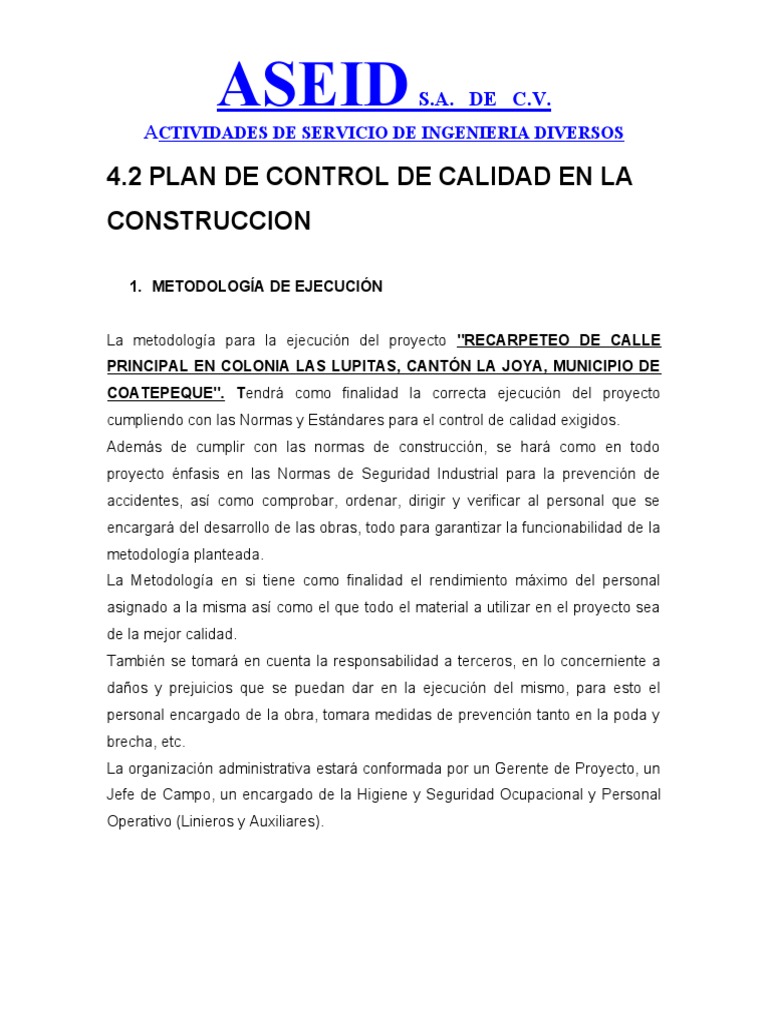 Plan de Control de Calidad | PDF