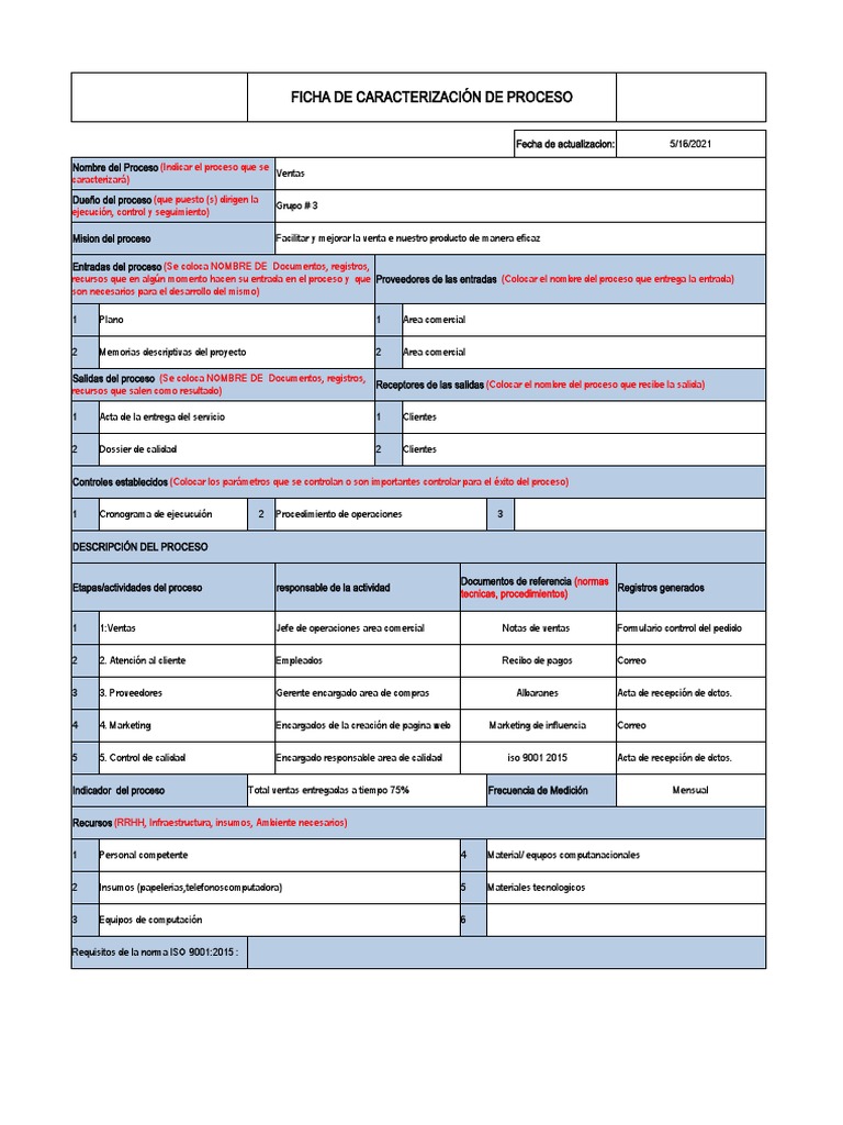 1.0 Formato - Ficha de caracterización de procesos.xlsx 1605 | PDF | Calidad (comercial) | Marketing