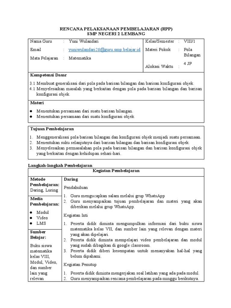 RPP 1 (Pola Bilangan Dan Konfigurasi Objek) | PDF