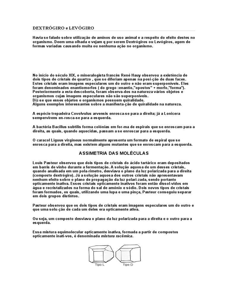 DEXTRÓGIRO e LEVÓGIRO | PDF | Química | Ciências Físicas