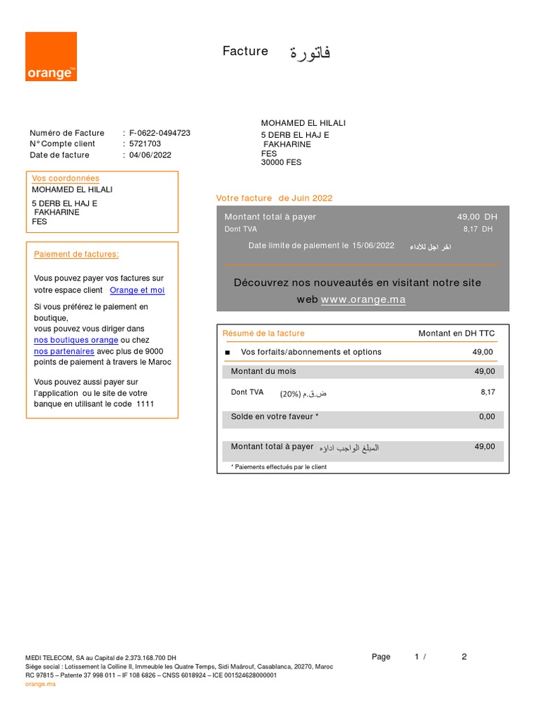 Facture Orange Maroc - Juin 2022 | PDF | Secteurs du service