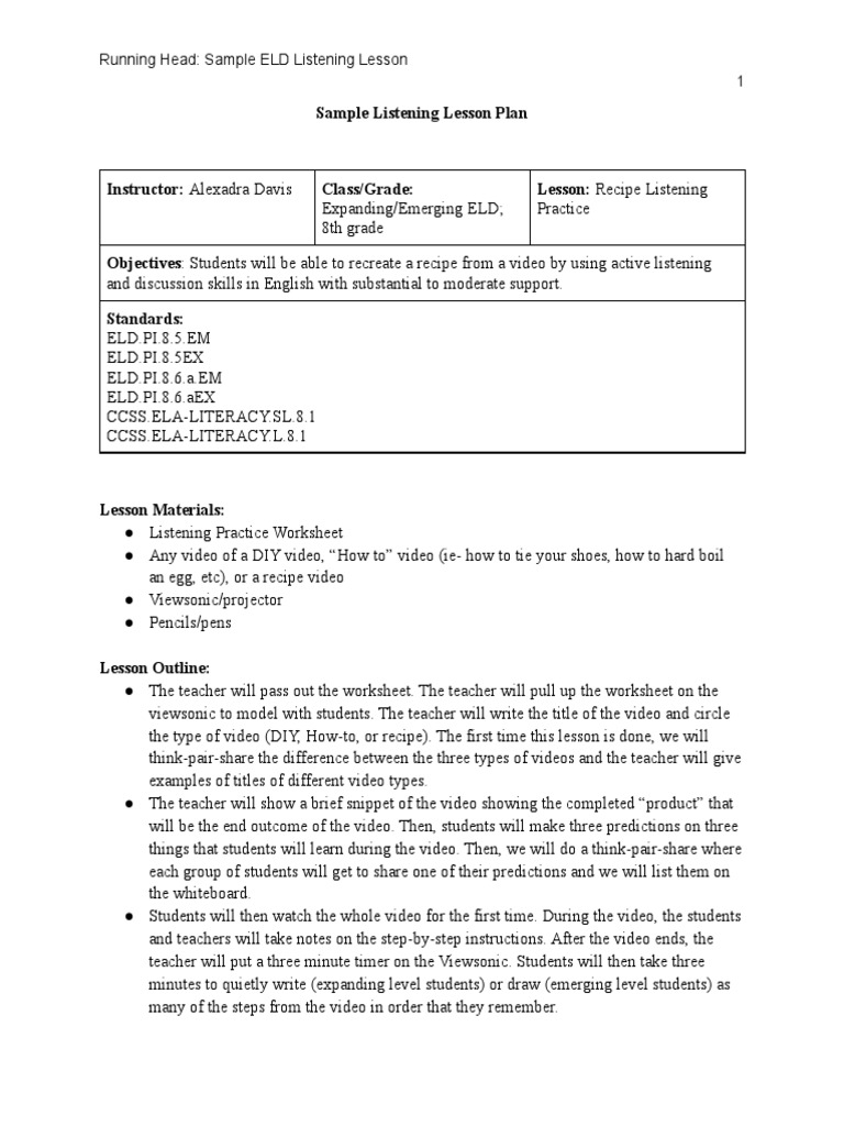 Eld Listening Lesson | PDF | Lesson Plan | Teachers