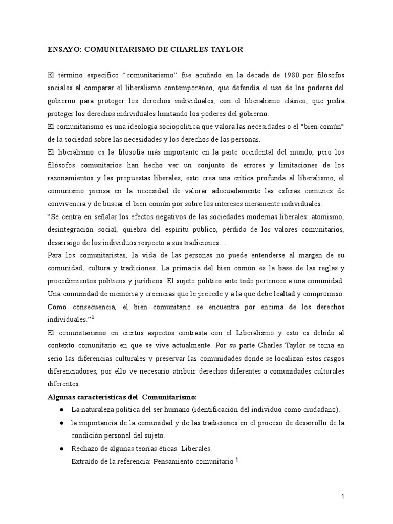 Comunitarismo de Charles Taylor | PDF | Bien común | Liberalismo