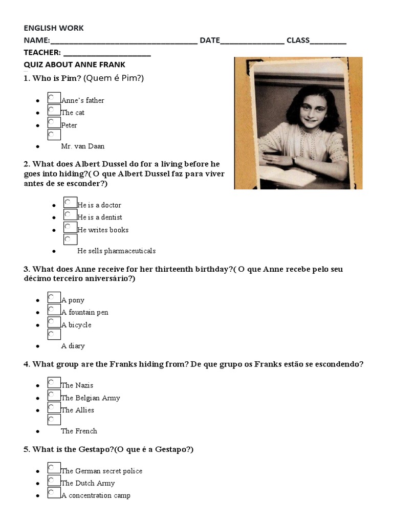 9º Ano Quiz Anne Frank English Work | PDF | Anne Frank | Nazi Germany