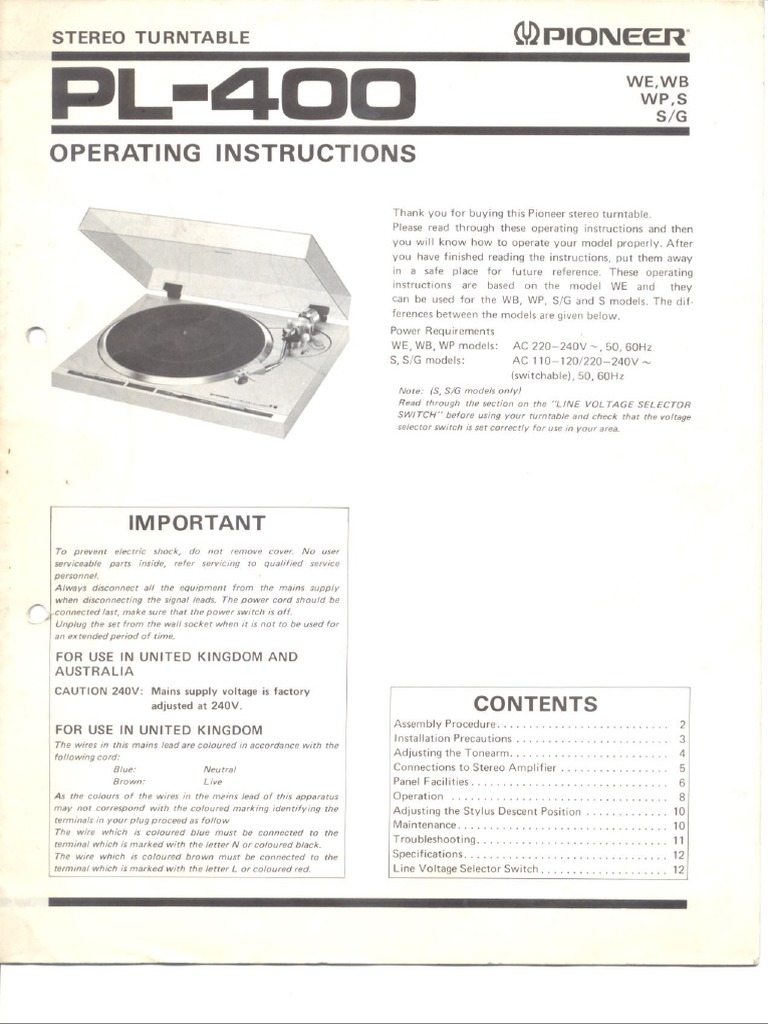 Pioneer PL 400 Owners Manual | PDF