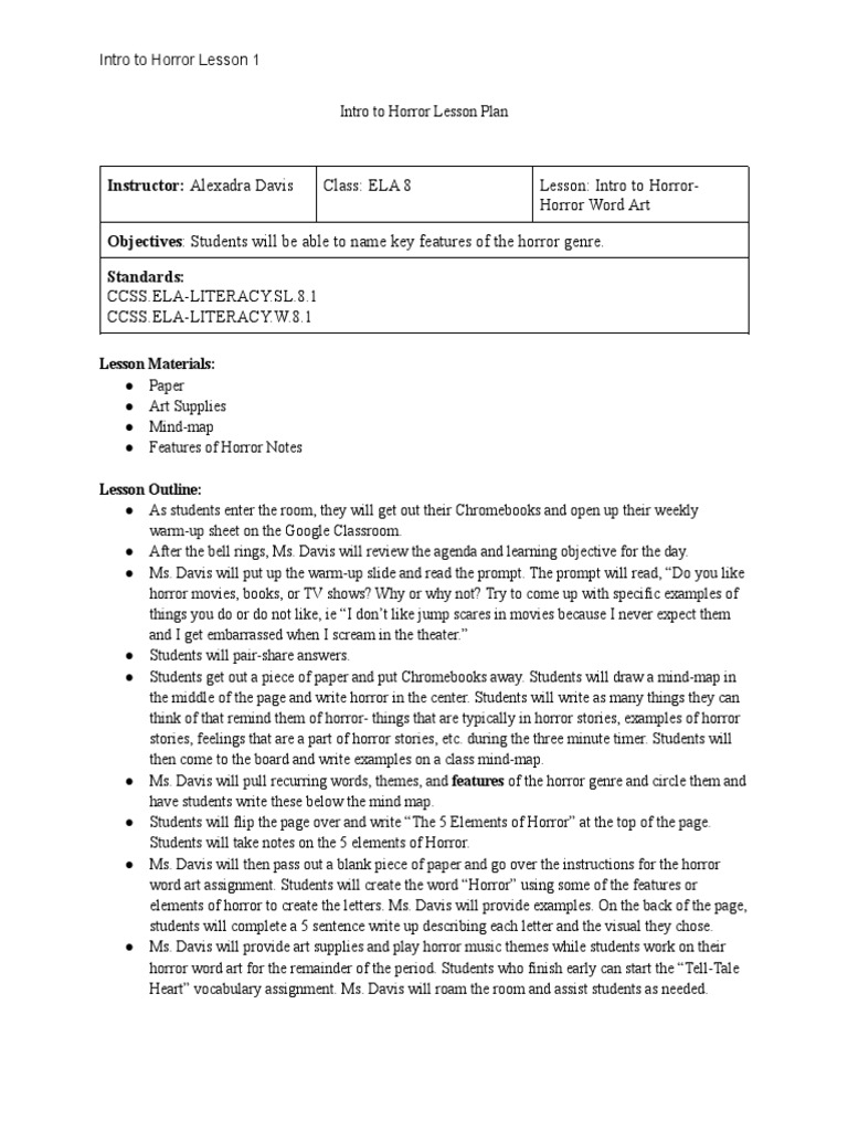 Intro To Horror Lesson Plan 1 | PDF | Lesson Plan | Horror Films