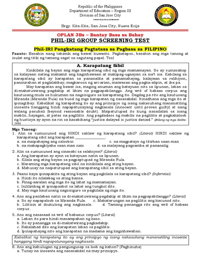 Group Screening Test - FILIPINO and ENGLISH - GRADE 7 | PDF