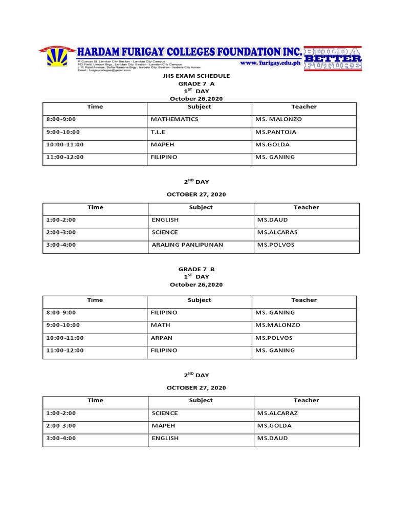 JHS EXAM SCHEDULE Final Schedule | PDF | Middle Schools | Educational Years