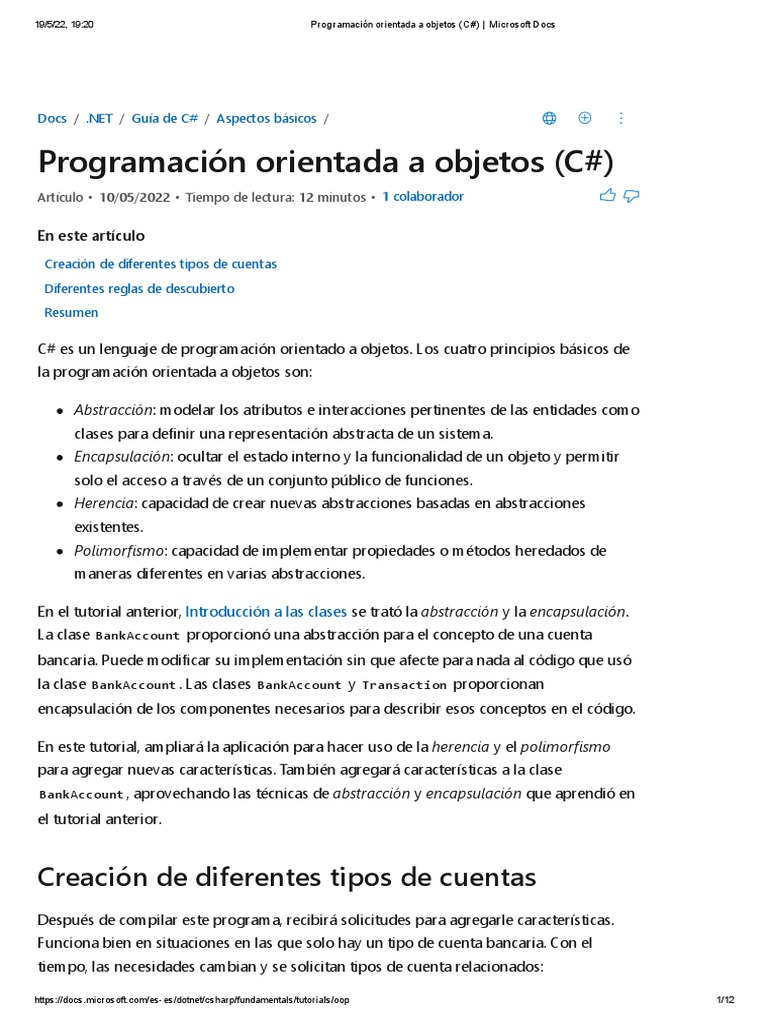 Programación Orientada a Objetos (C#) _ Microsoft Docs | PDF | C Sharp ...