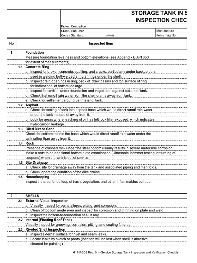 Of in Service Storage Tank Inspection and Verification Checklist | PDF ...