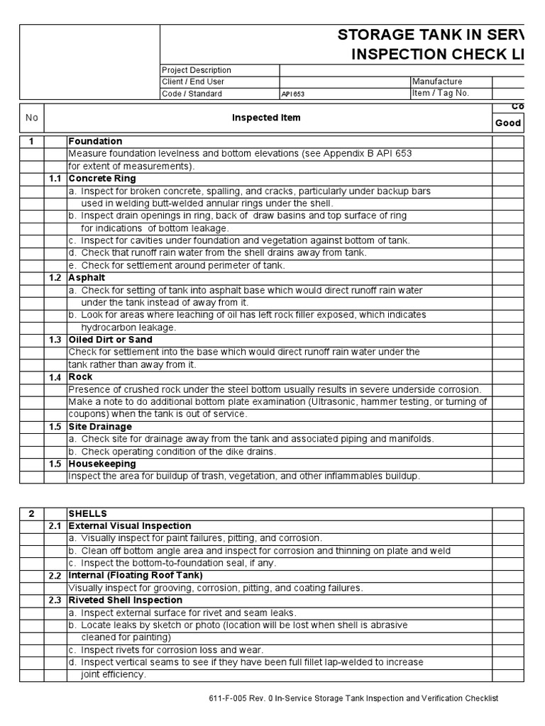 Of in Service Storage Tank Inspection and Verification Checklist | PDF ...