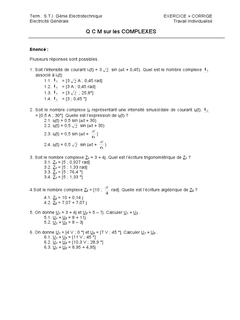 QCM Sur Les Complexes | PDF | Impédance (électricité) | Condensateur