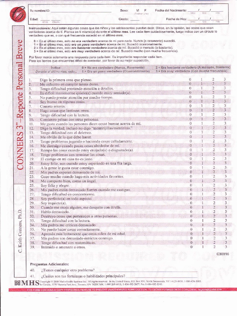 Conners 3 Reporte Personal Breve | PDF