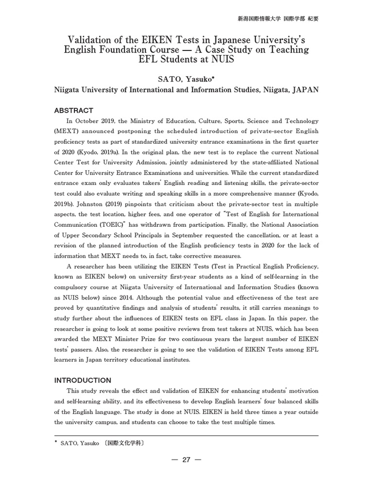Validation of The EIKEN Tests in Japanese University's English ...