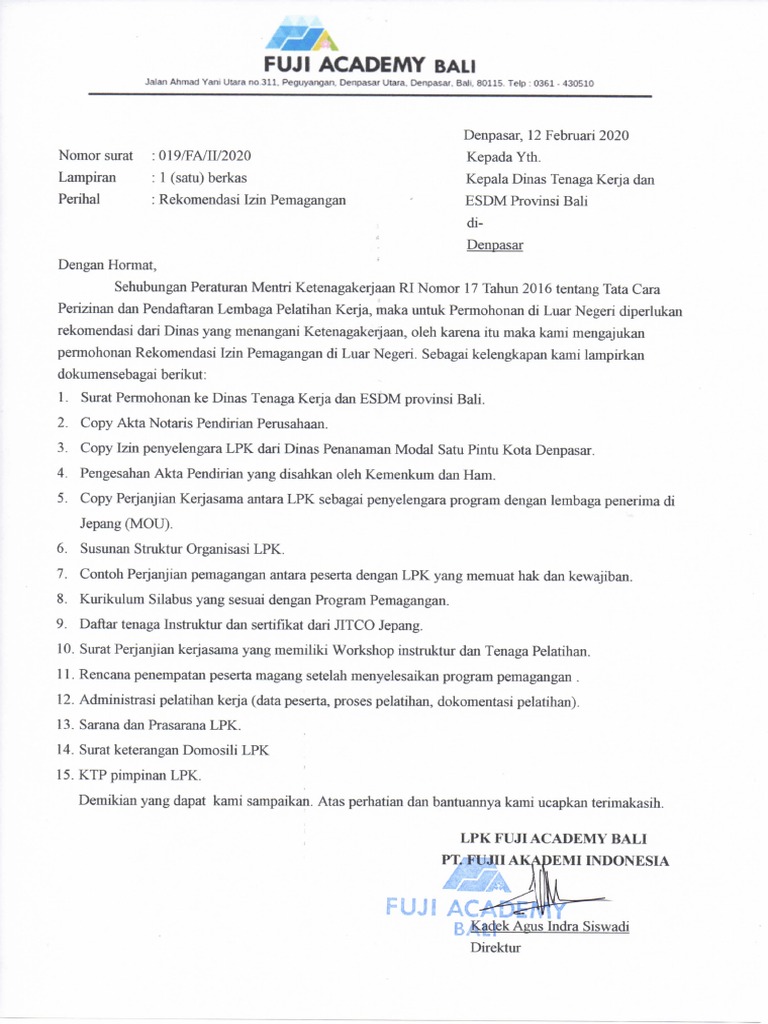 Surat Permohonan Ke Dinas Tenaga Kerja Dan ESDM Prov Bali | PDF